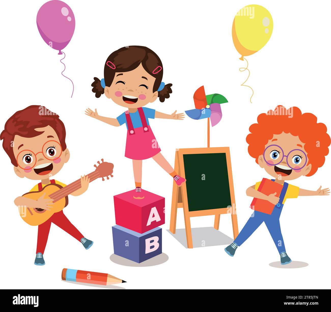 Kids playing with bricks and educational games in kindergarten room ...