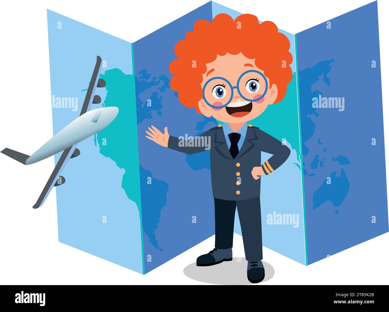 happy cute little kid boy wearing pilot uniform and world map Stock ...