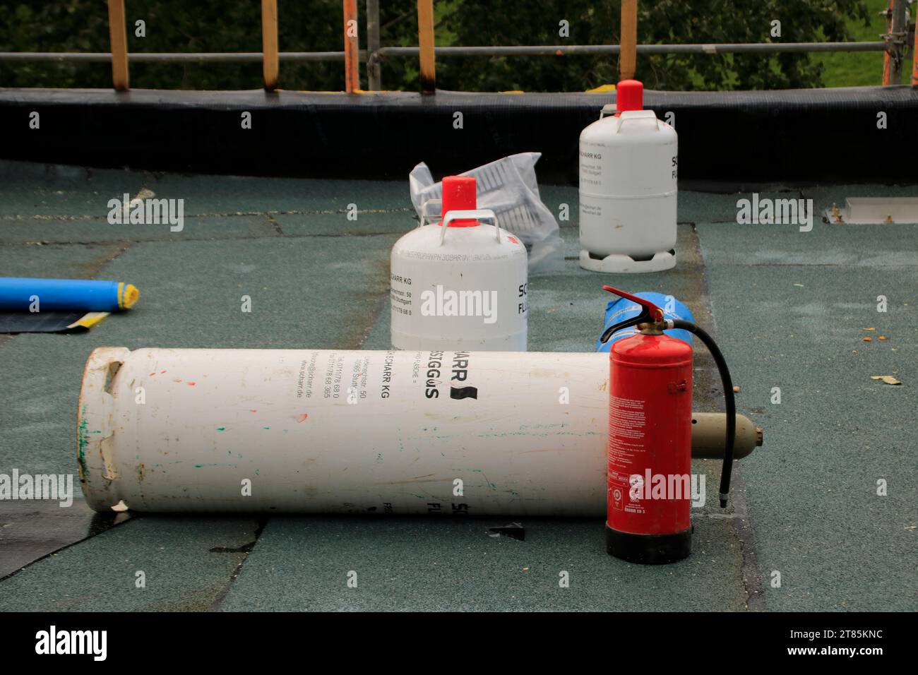 Fire extinguisher is available on a construction site for emergencies ...