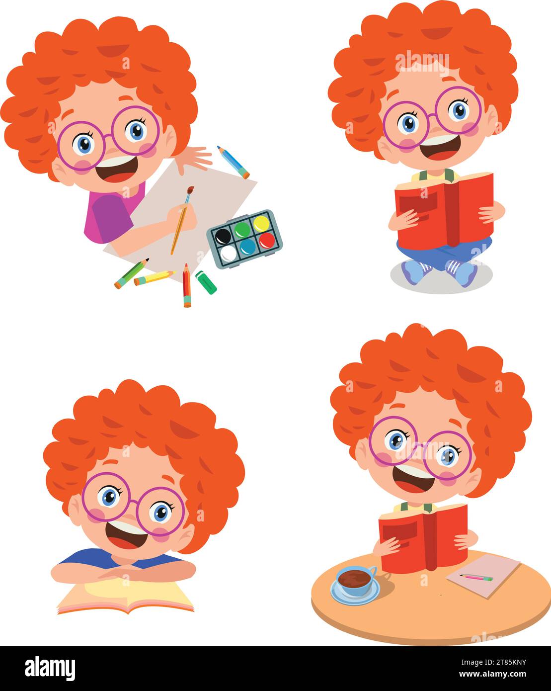 cute little hardworking boy reading a book and drawing a picture Stock ...