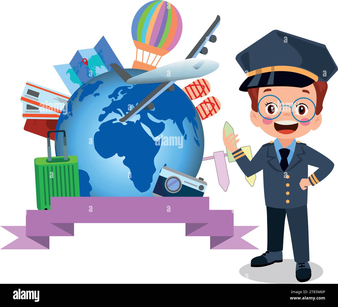 happy cute little kid boy wearing pilot uniform and world map Stock ...