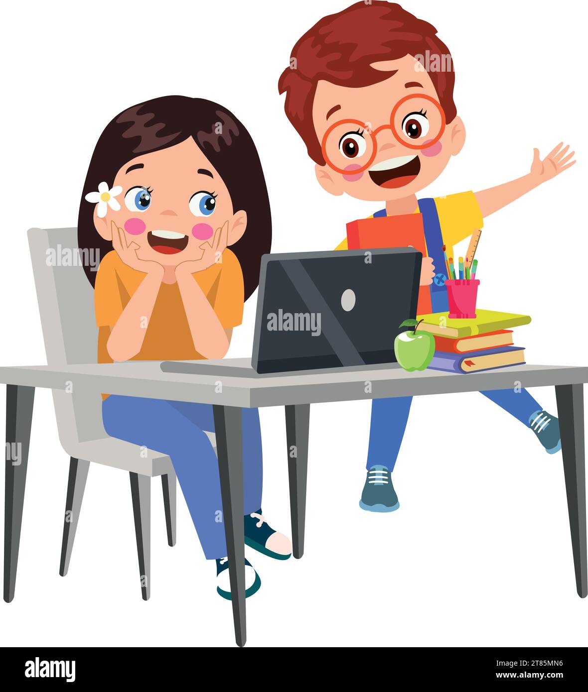 Vector Illustration Of Kids With Computer Stock Vector Image & Art - Alamy