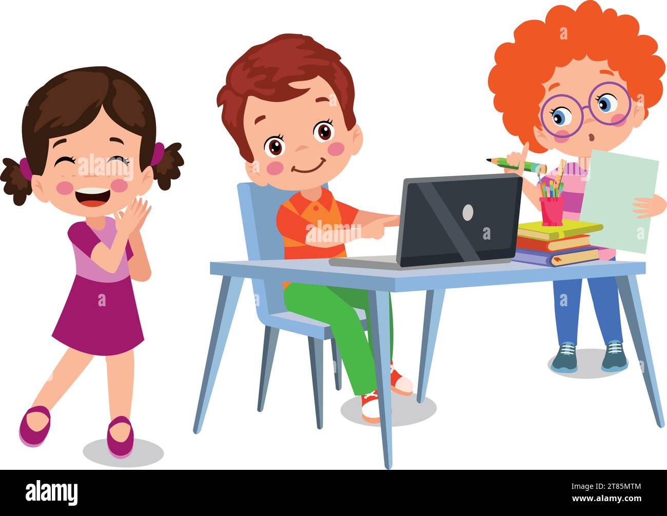 Vector Illustration Of Kids With Computer and with a friend Stock ...