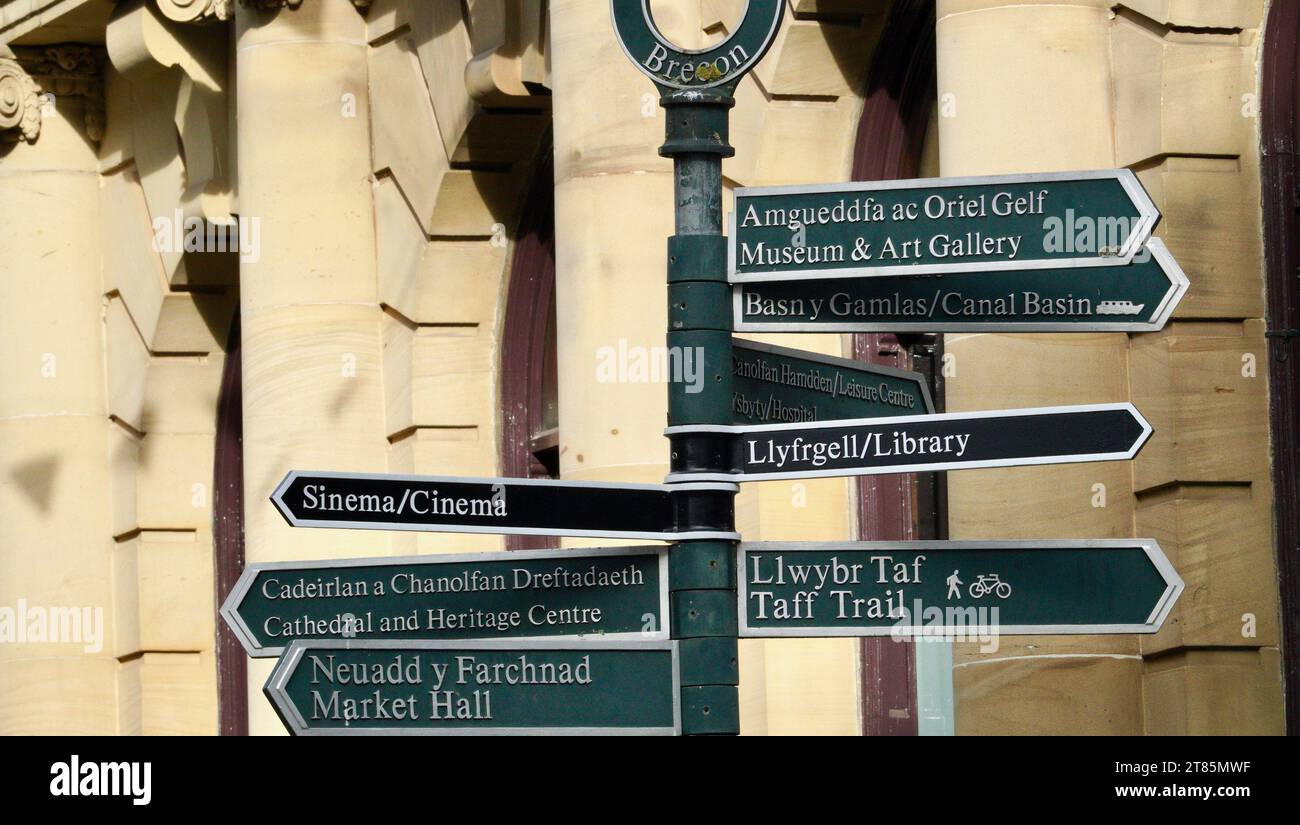Sign in Brecon showing the directions from the town centre to places of ...