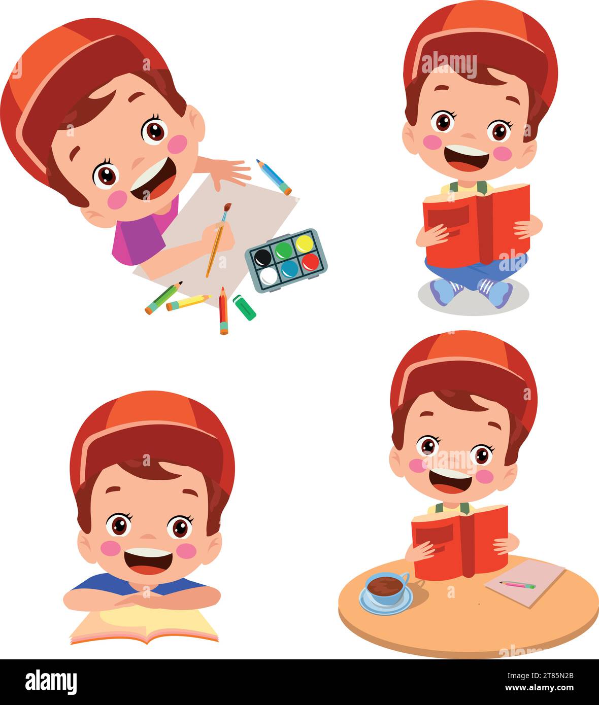 cute little hardworking boy reading a book and drawing a picture Stock ...