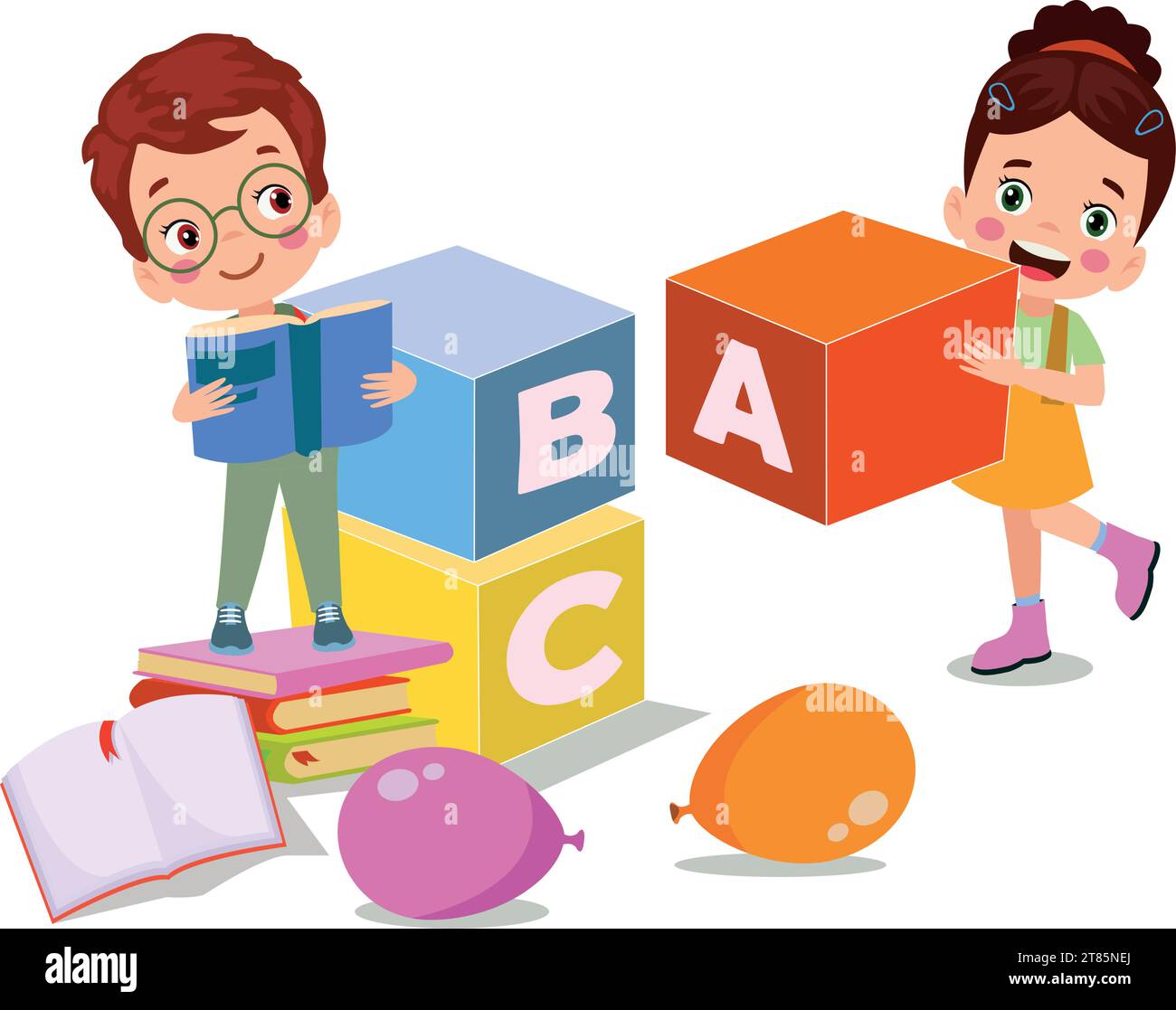 Vector illustration of cute kids with Abc blocks, abc letters Stock ...