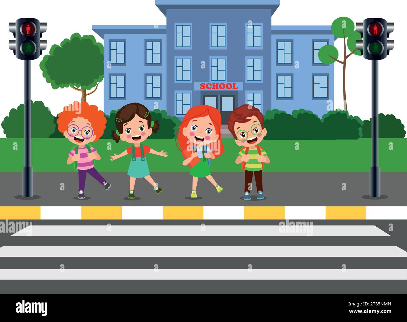 Cute school kids with backpacks waiting for stop sign at pedestrian ...