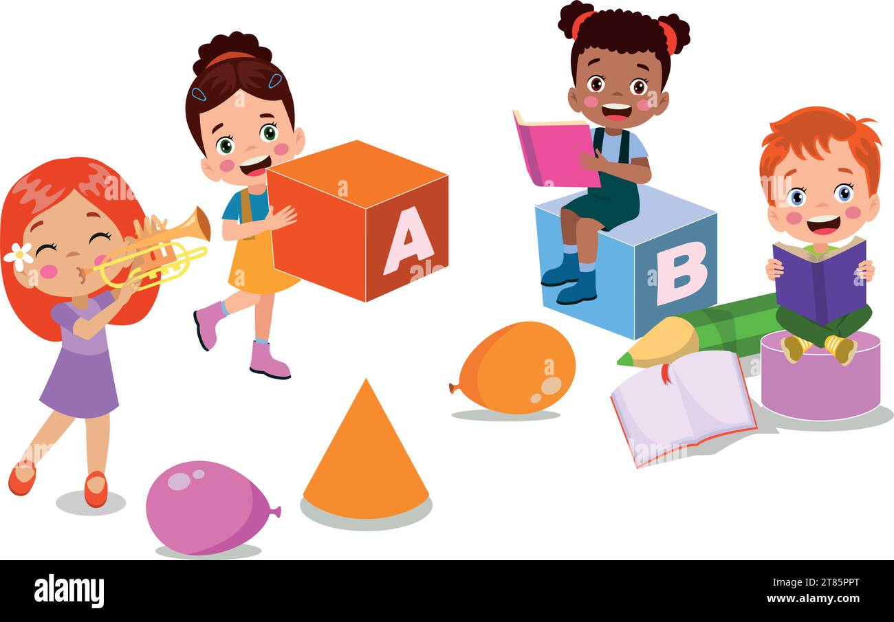 Vector illustration of cute kids with Abc blocks, abc letters Stock ...