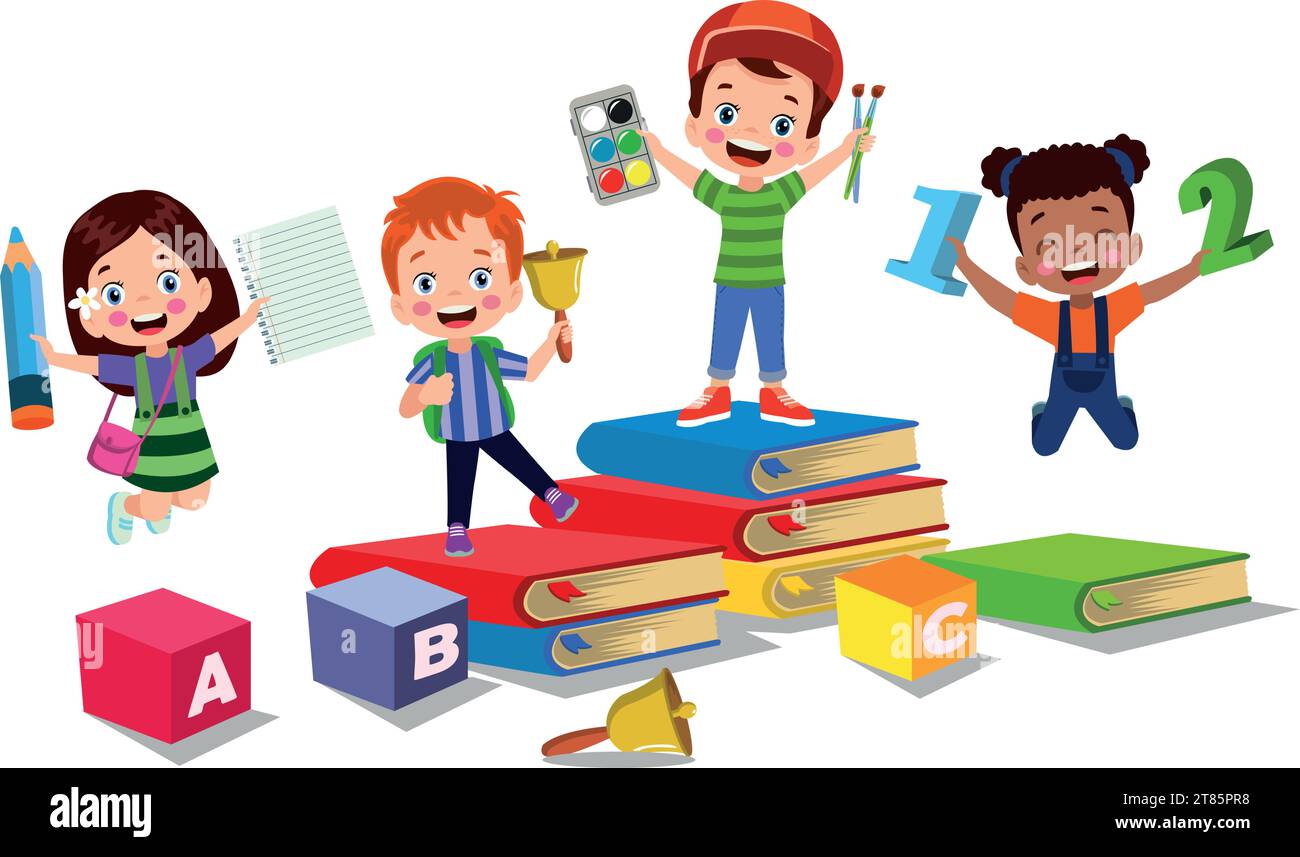 Vector illustration of cute kids with Abc blocks, abc letters Stock ...