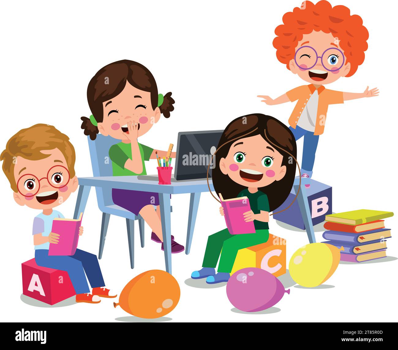 Vector Illustration Of Kids With Computer and with a friend Stock ...