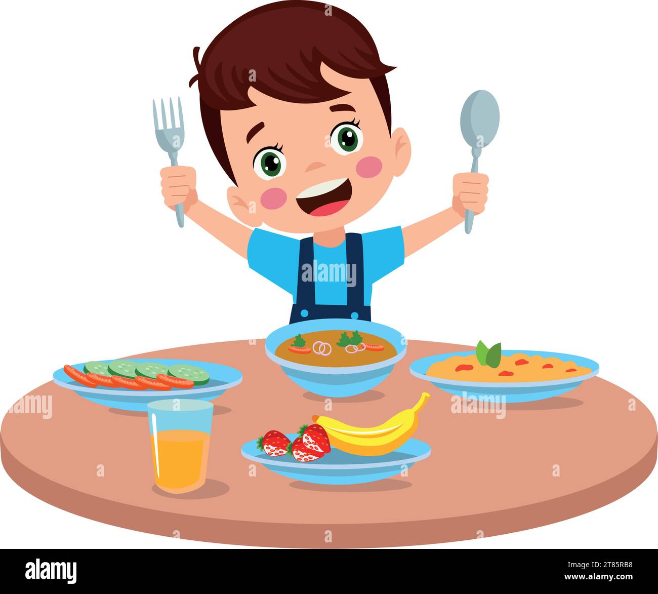 cute little boy eating at the dinner table Stock Vector Image & Art - Alamy
