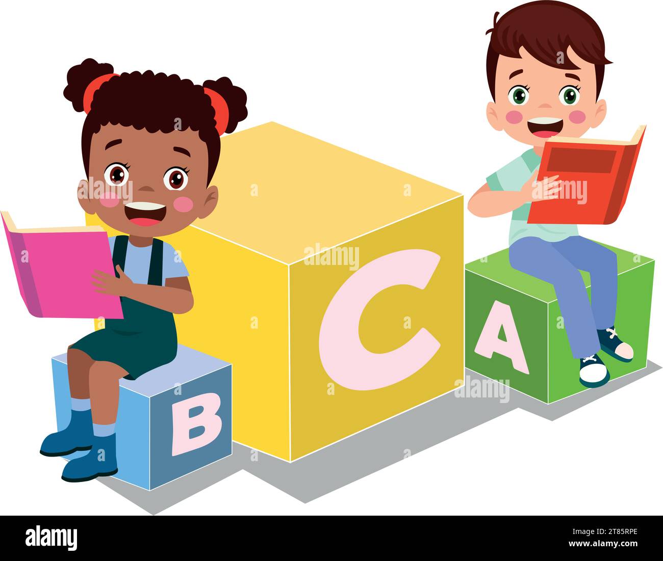 Vector illustration of cute kids with Abc blocks, abc letters Stock ...