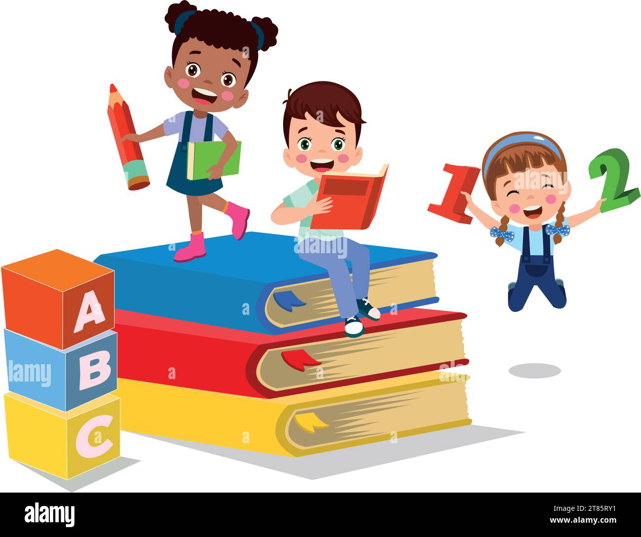 Vector illustration of cute kids with Abc blocks, abc letters Stock ...