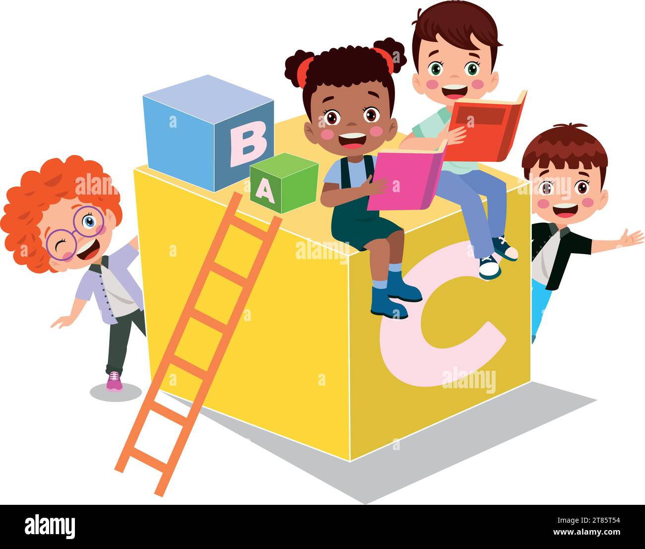 Vector illustration of cute kids with Abc blocks, abc letters Stock ...