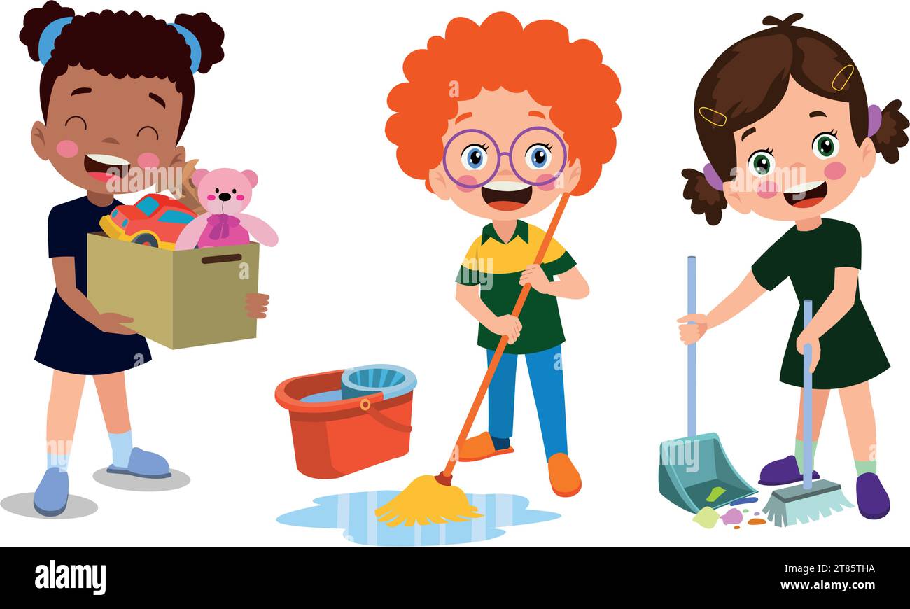Vector Cartoon kids cleaning at home set Children in various cleaning positions Stock Vector ...
