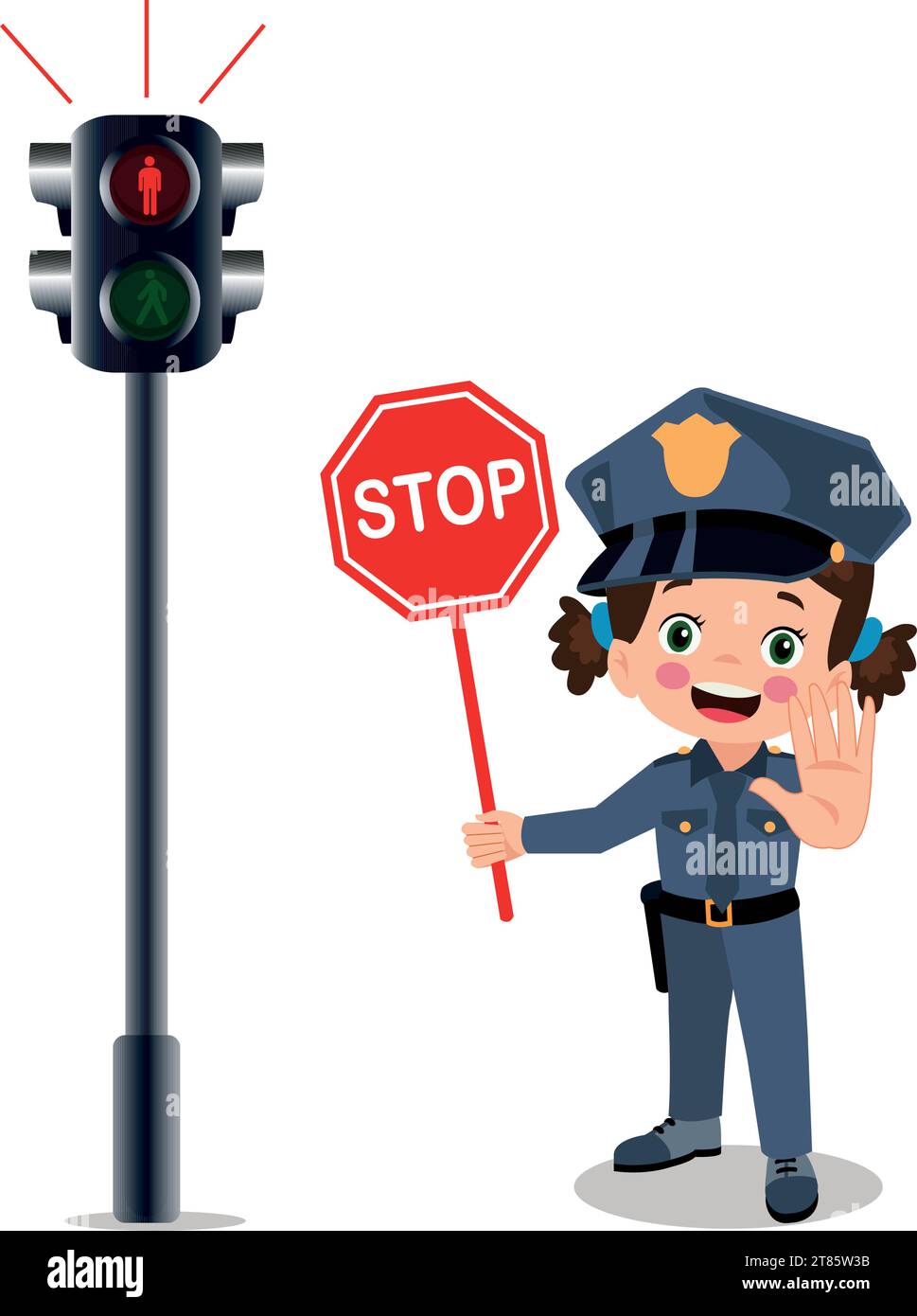 happy cute little kid boy wearing police uniform and holding stop sign ...