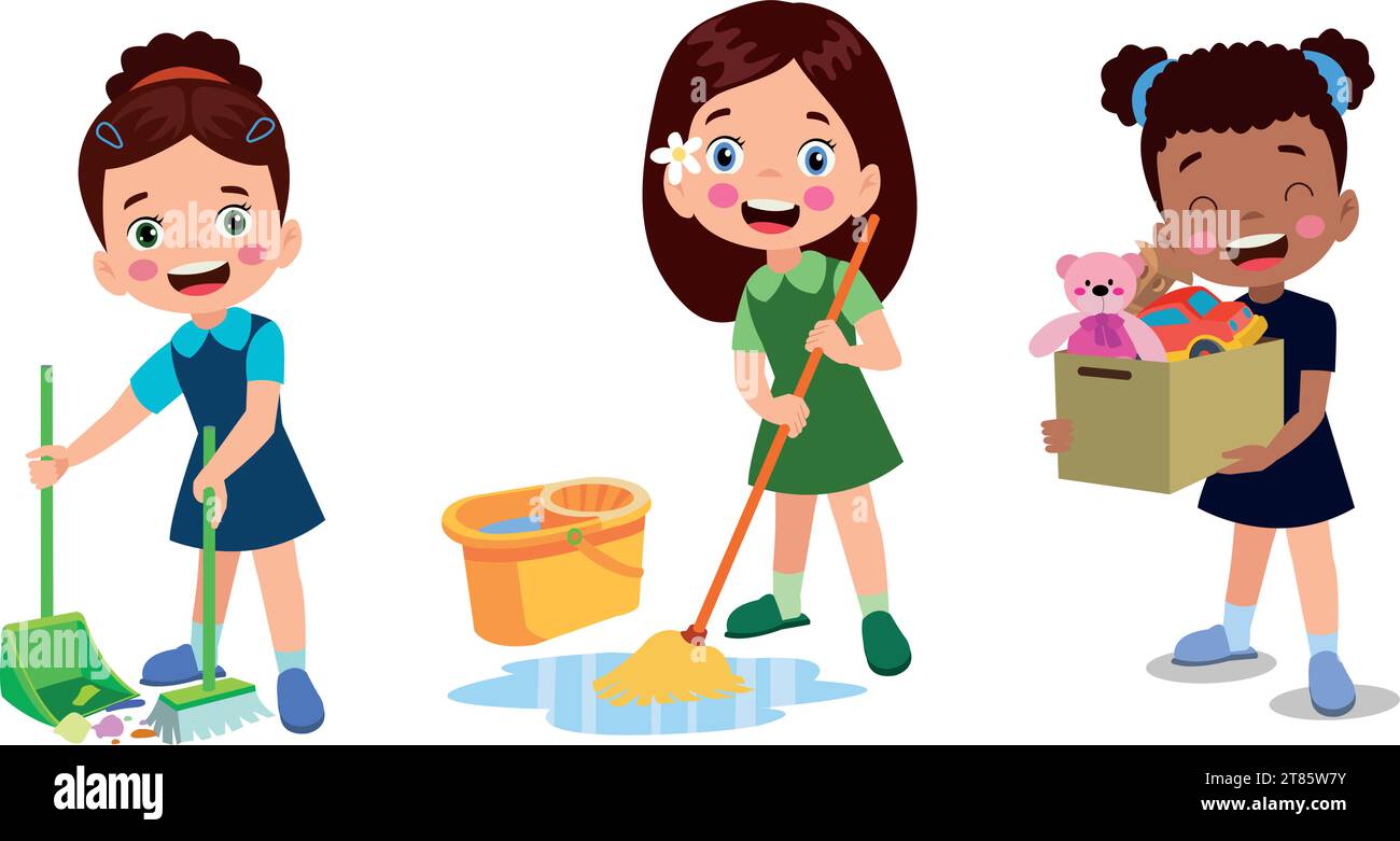Vector Cartoon kids cleaning at home set Children in various cleaning positions Stock Vector ...