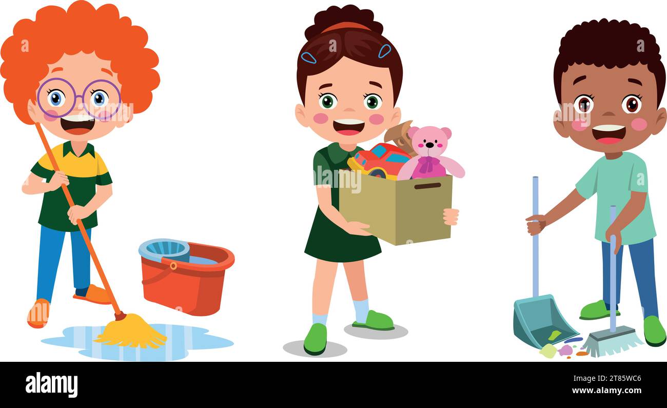 Vector Cartoon kids cleaning at home set Children in various cleaning positions Stock Vector ...