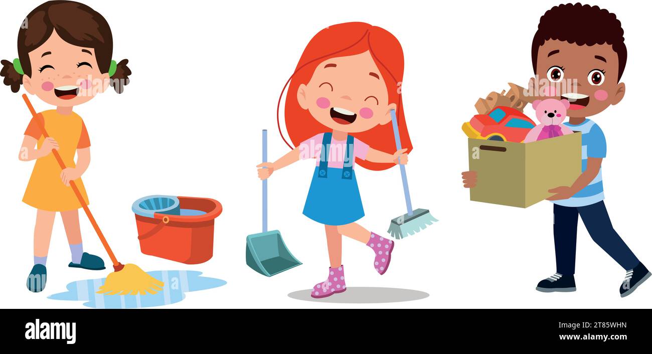 Vector Cartoon kids cleaning at home set Children in various cleaning positions Stock Vector ...
