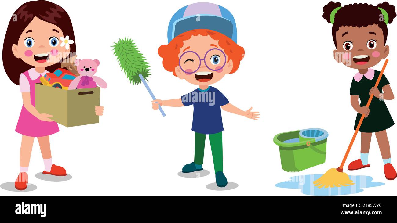 Vector Cartoon kids cleaning at home set Children in various cleaning positions Stock Vector ...