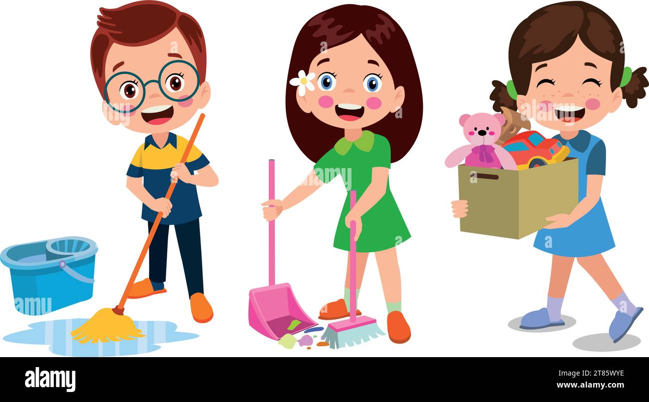 Vector Cartoon kids cleaning at home set Children in various cleaning ...