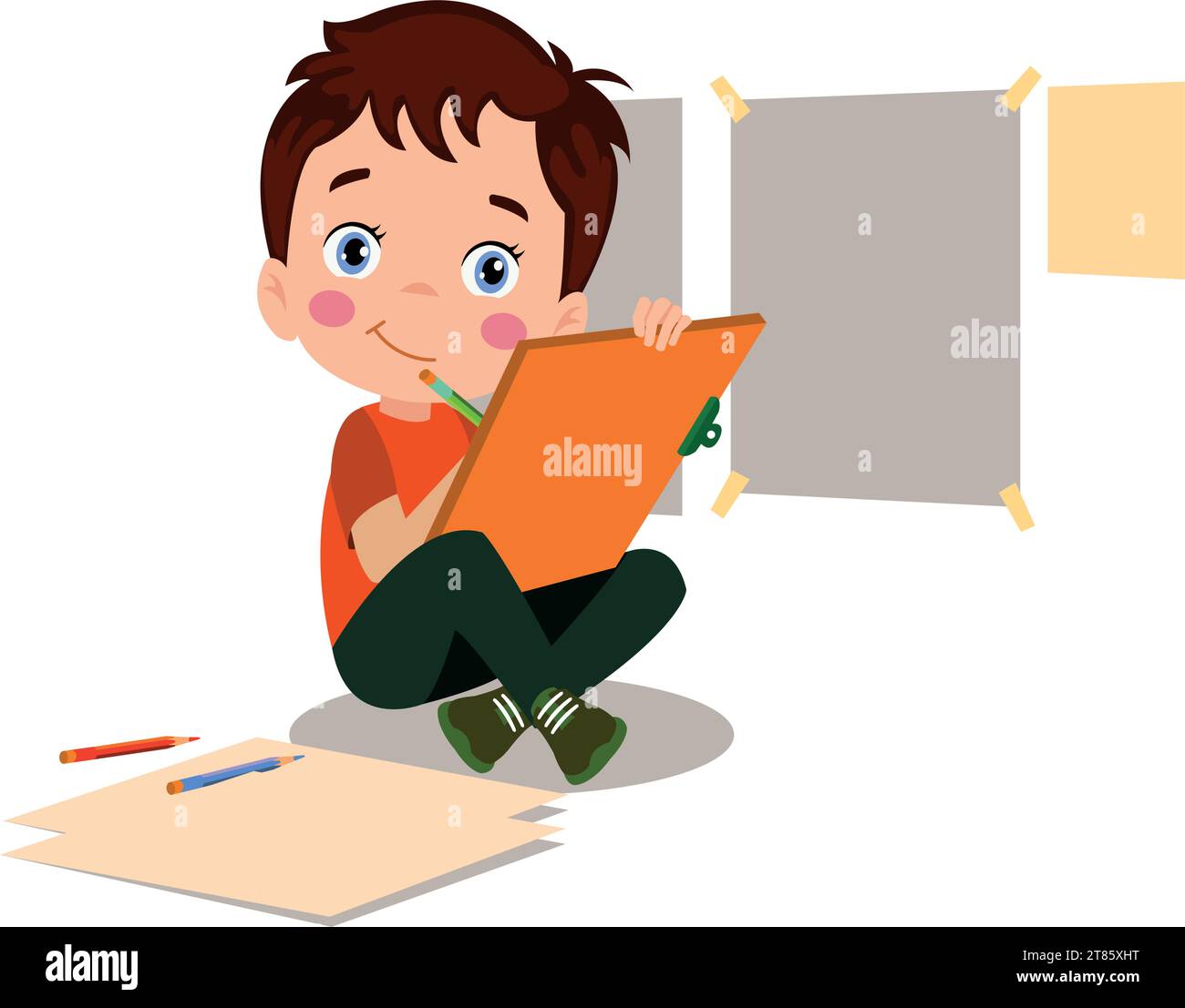 cute little student drawing pictures with pencils and papers Stock ...