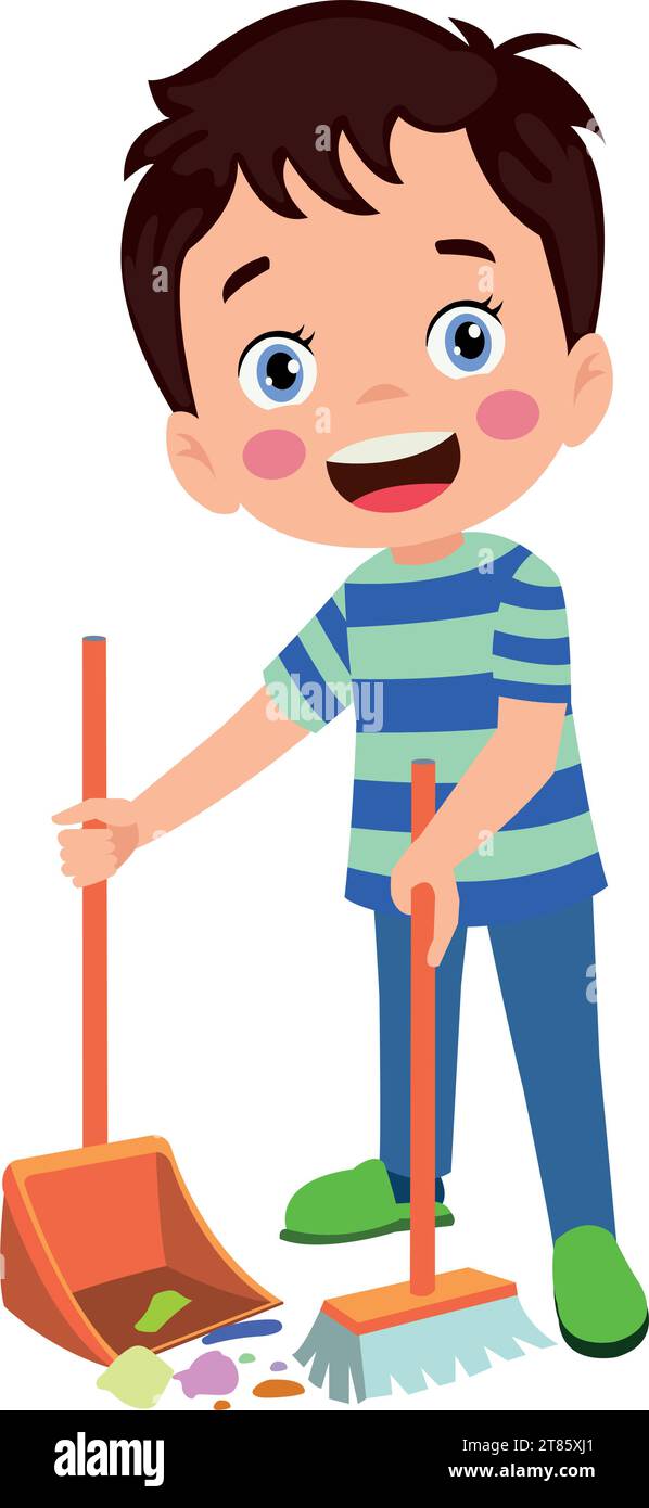 cute little boy cleaning with broom and shovel Stock Vector Image & Art ...