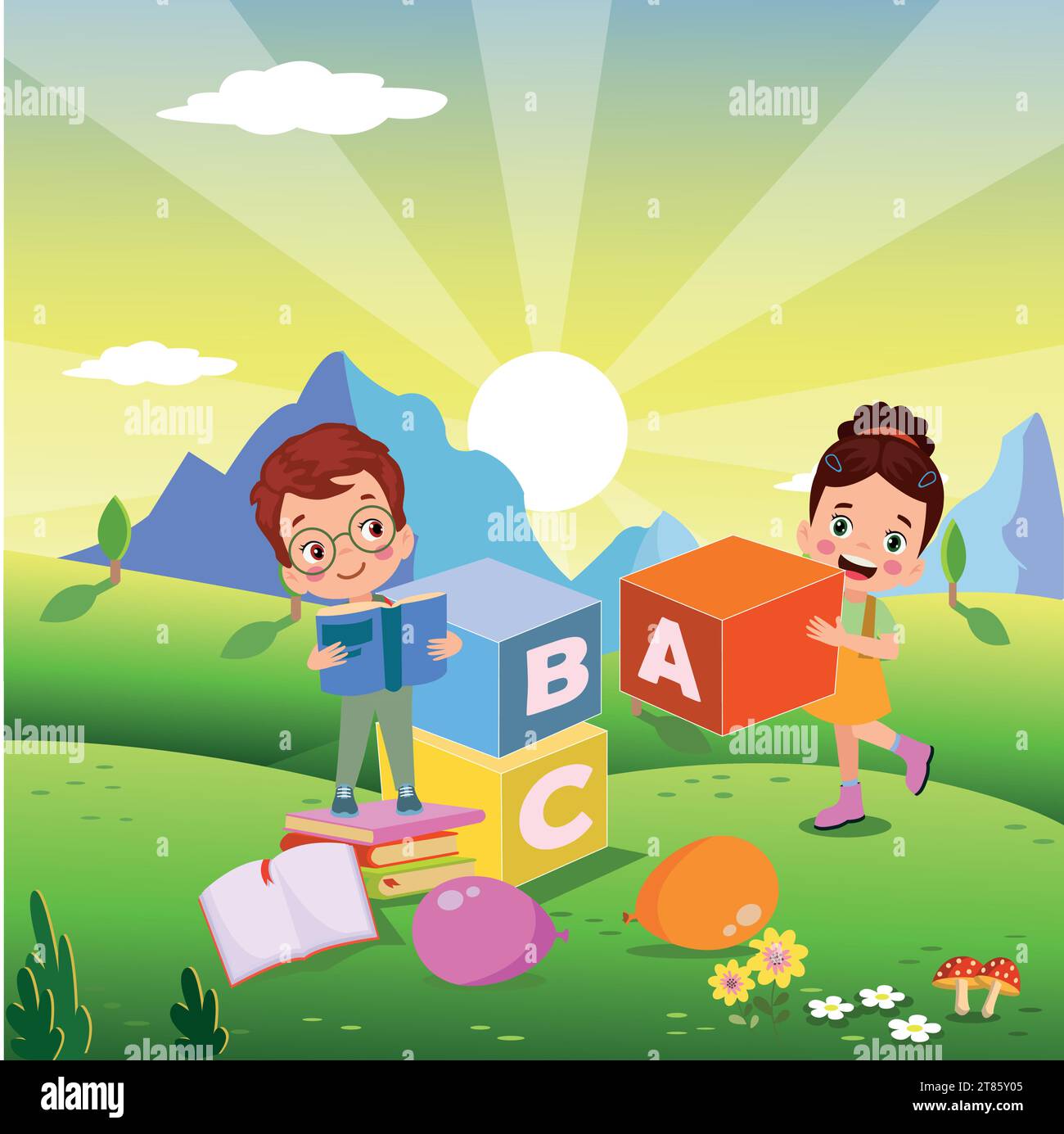 Vector illustration of cute kids with Abc blocks, abc letters Stock ...