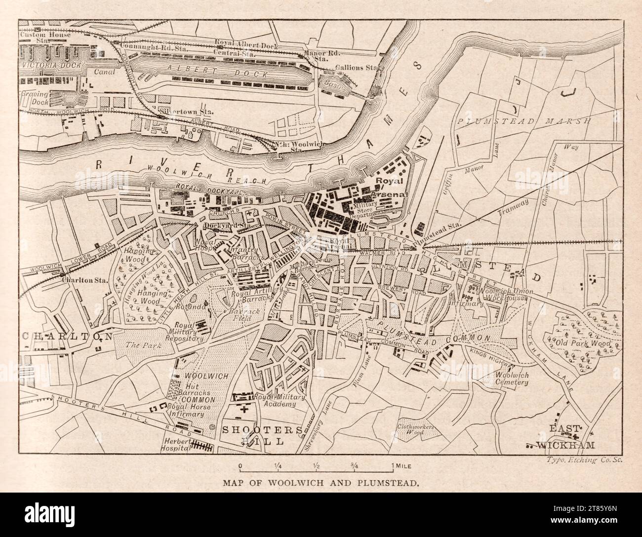 Engraving of a map of Woolwich and Plumstead from the book: “Greater ...