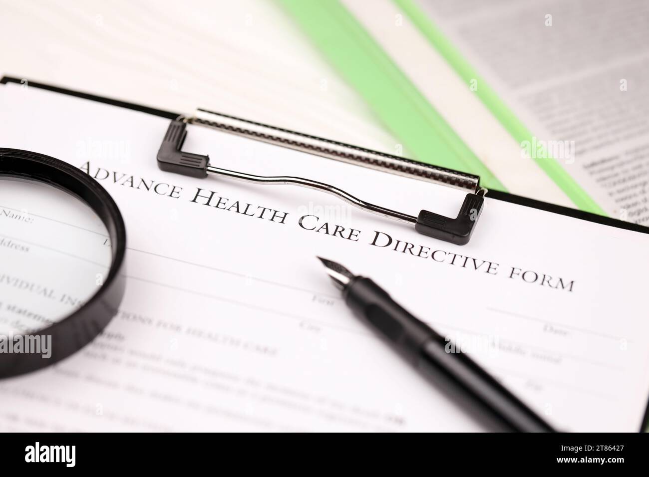 Advance health care directive blank form on A4 tablet lies on office ...