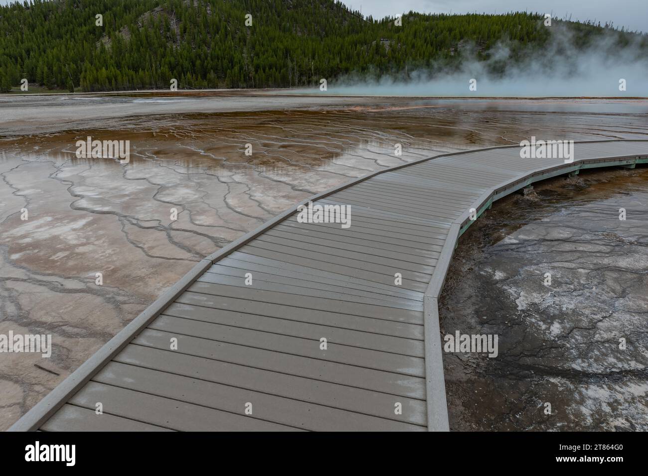 Walkway passes over abstract colors and patterns of mineral deposits ...