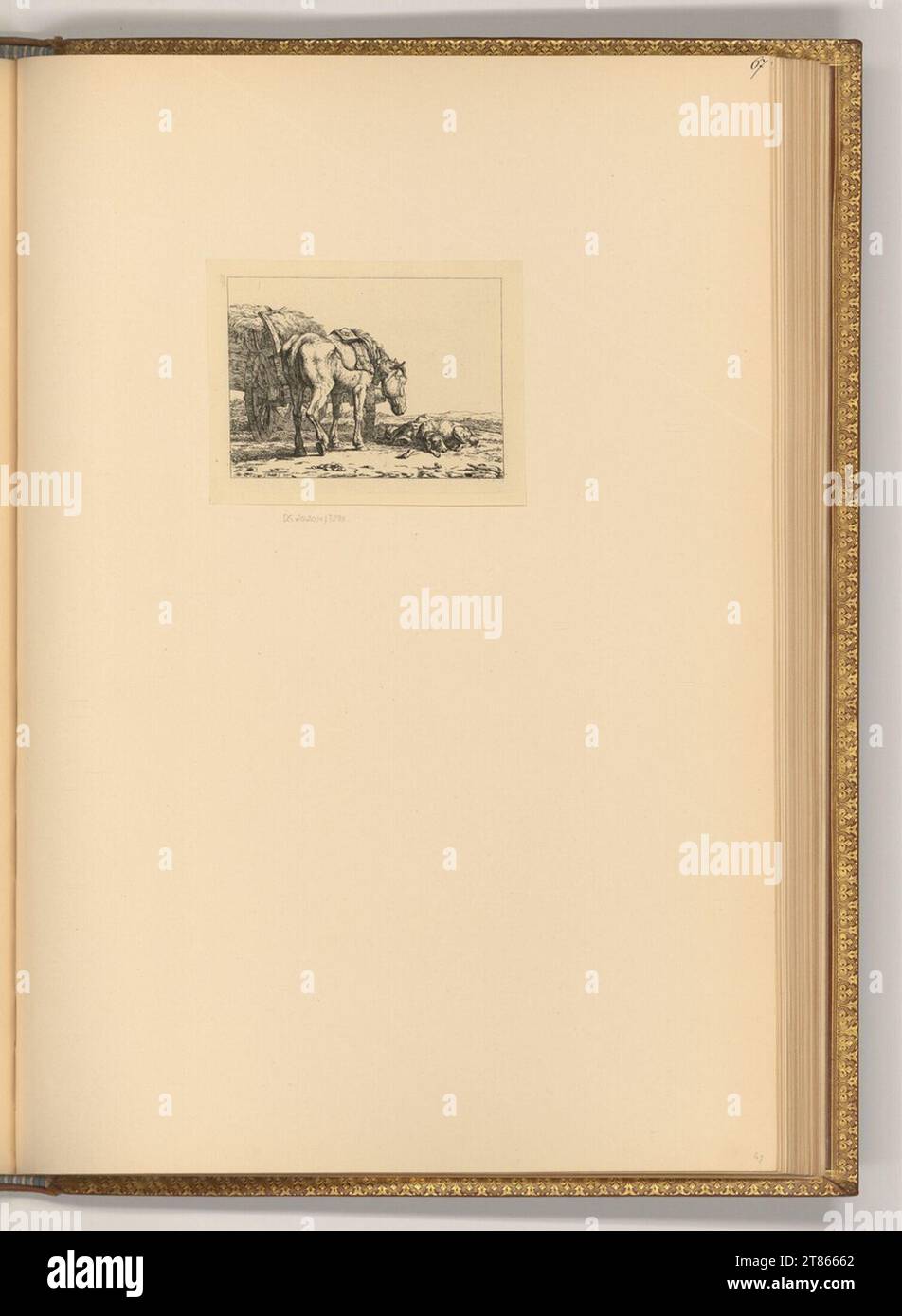 Jan Kobell (II) (II) Bridged horse in hay wagons and dogs. etching 1793 ...