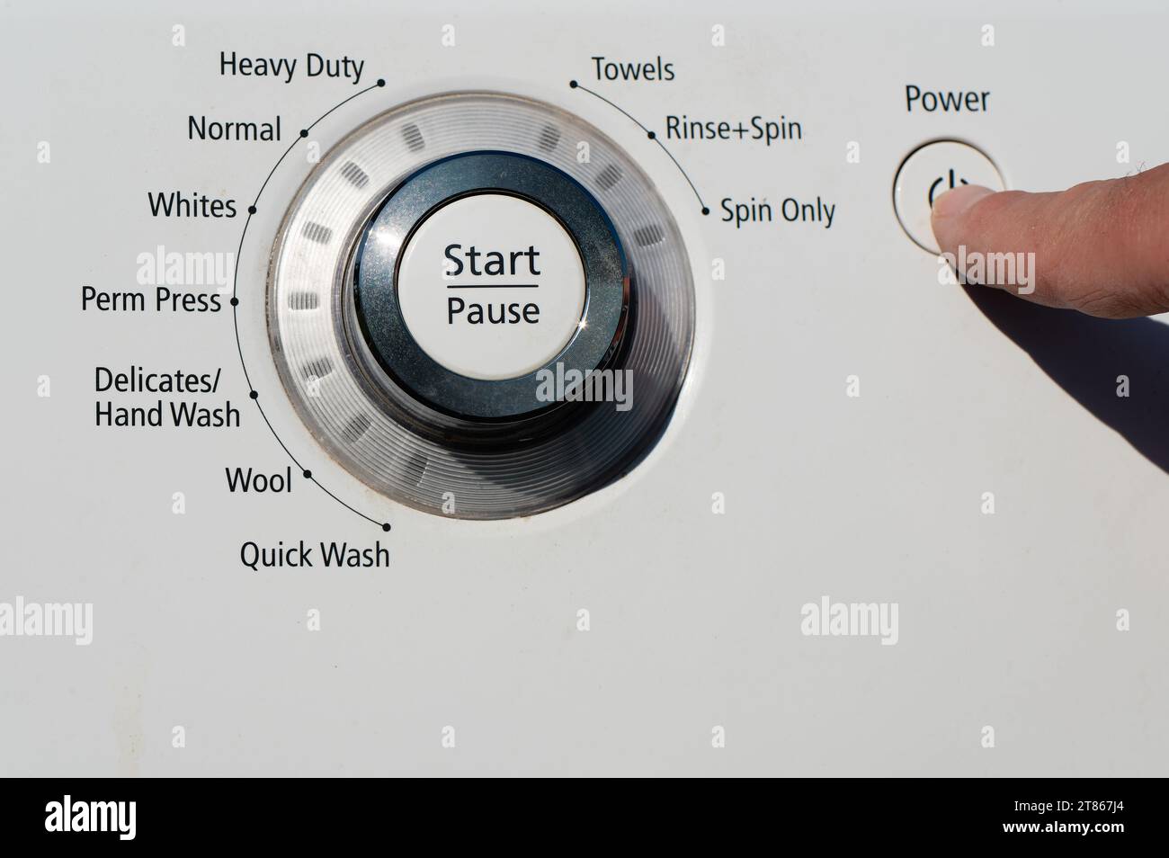 A person pressing the power button on a washing machine Stock Photo - Alamy