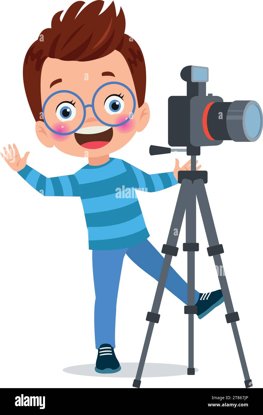 Cute boys taking photo using smartphone and camera cartoon vector ...
