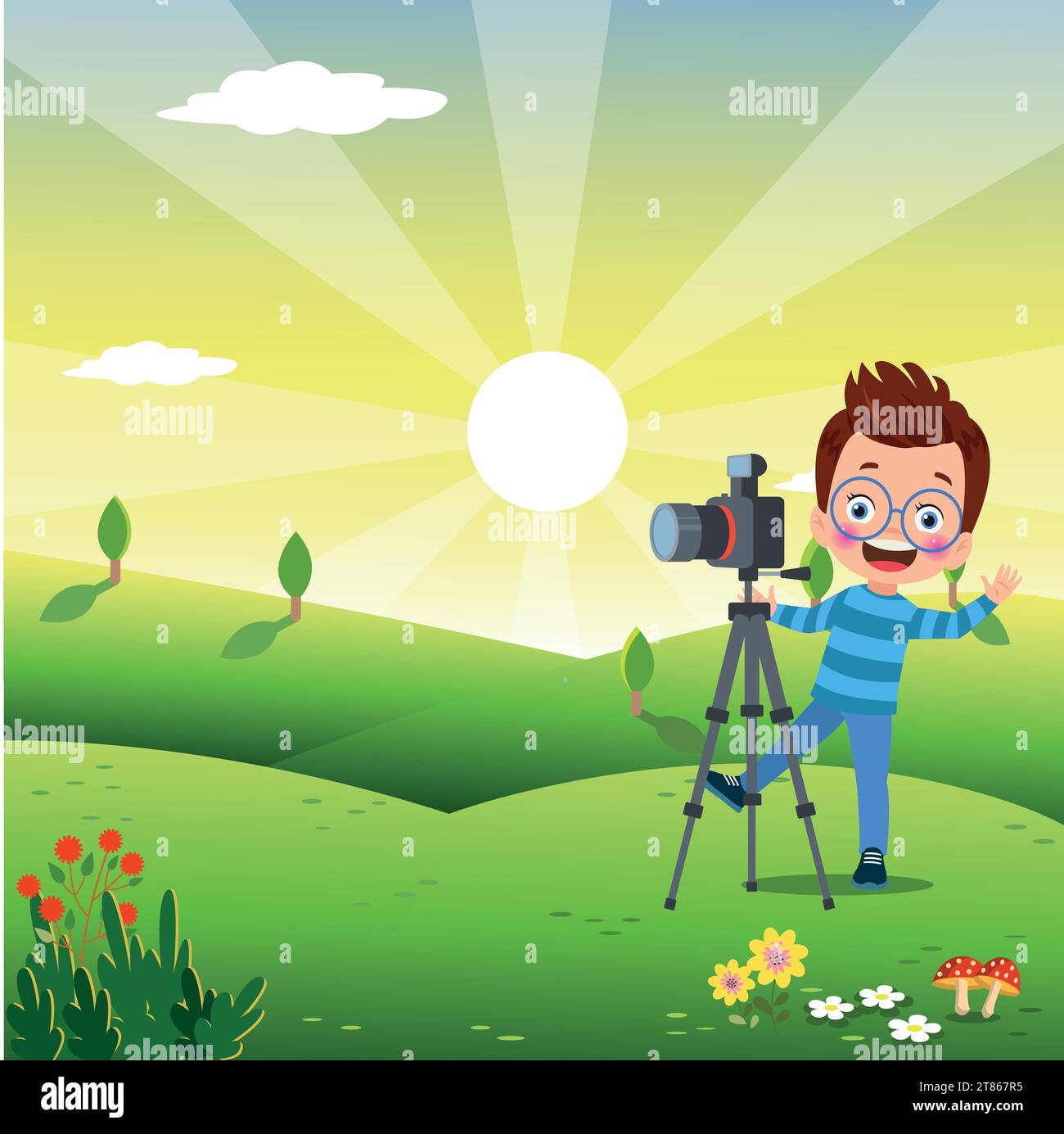 Cute boys taking photo using smartphone and camera cartoon vector ...