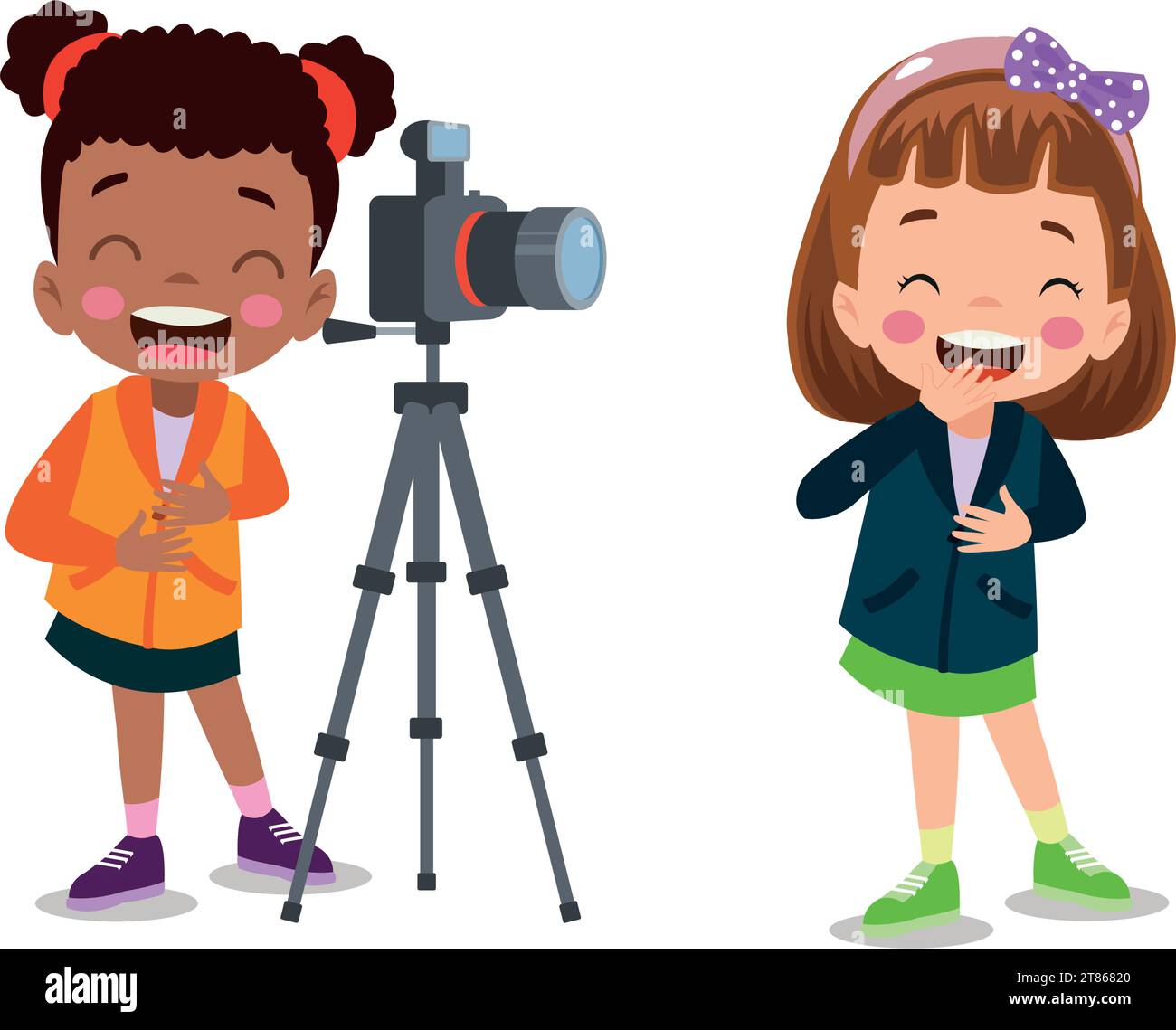 Cute boys taking photo using smartphone and camera cartoon vector ...