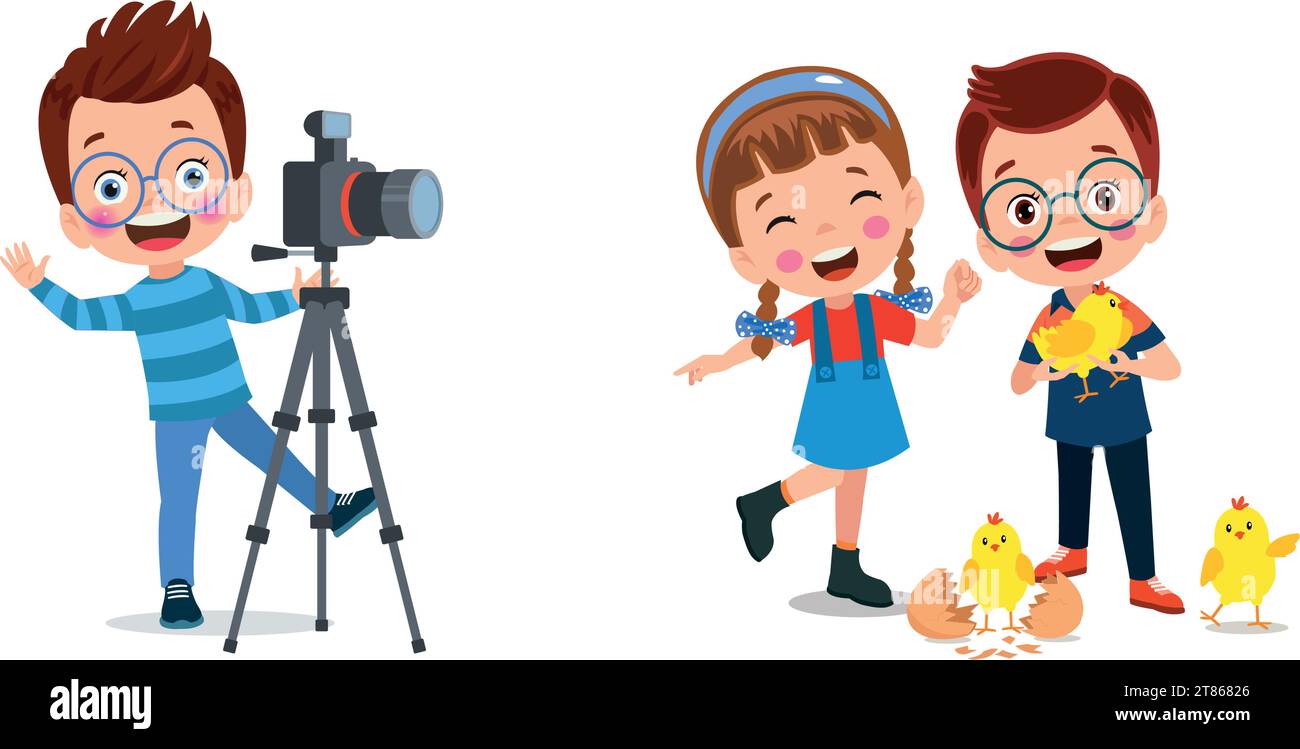 Cute boys taking photo using smartphone and camera cartoon vector ...