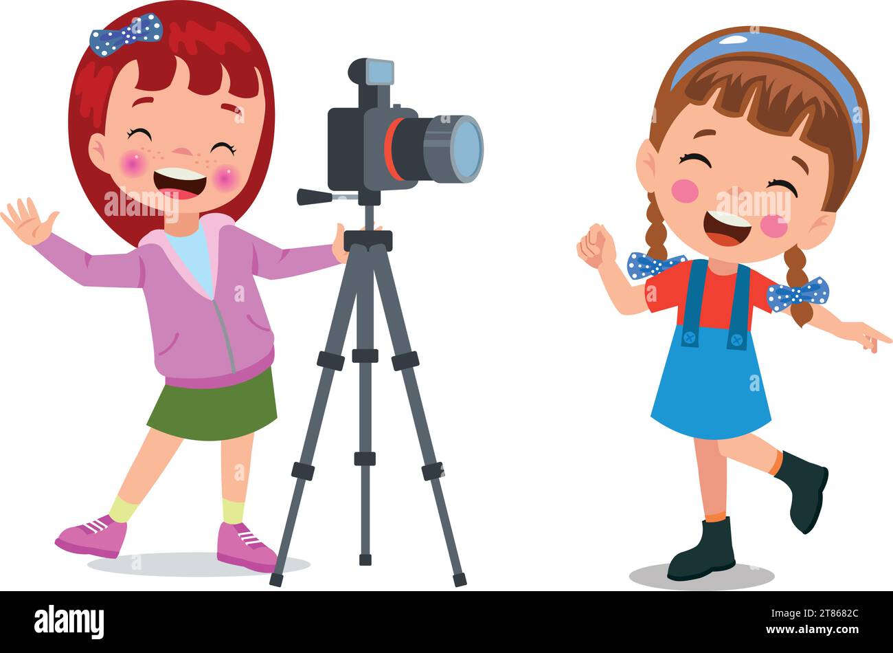 Cute boys taking photo using smartphone and camera cartoon vector ...