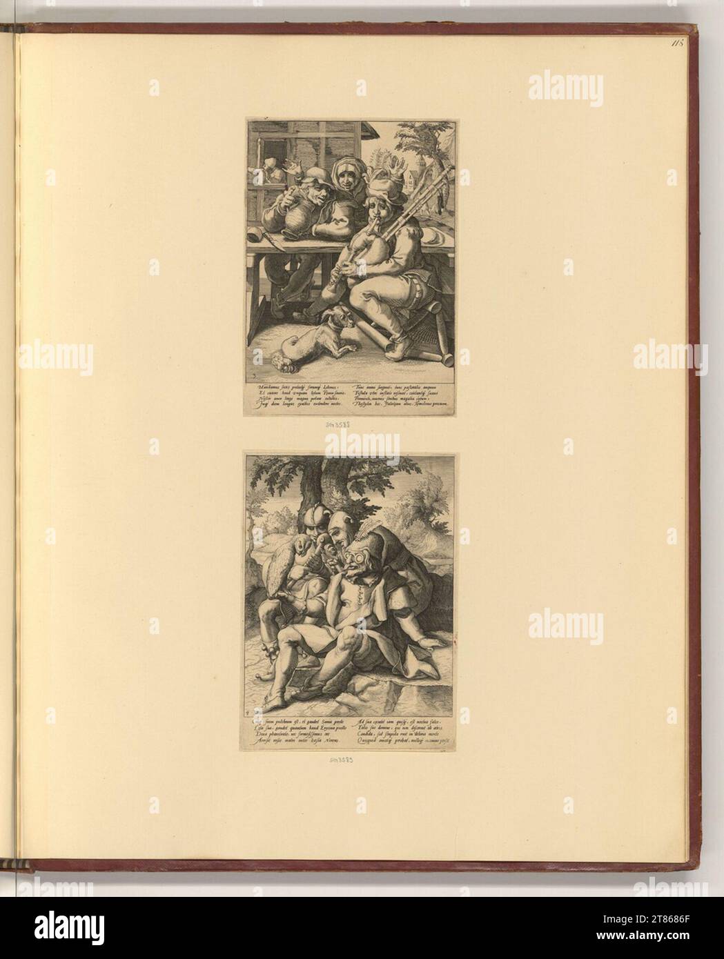 unbestimmt (Engraver) Bagpipers and drinking farmers; Falkner and fool ...