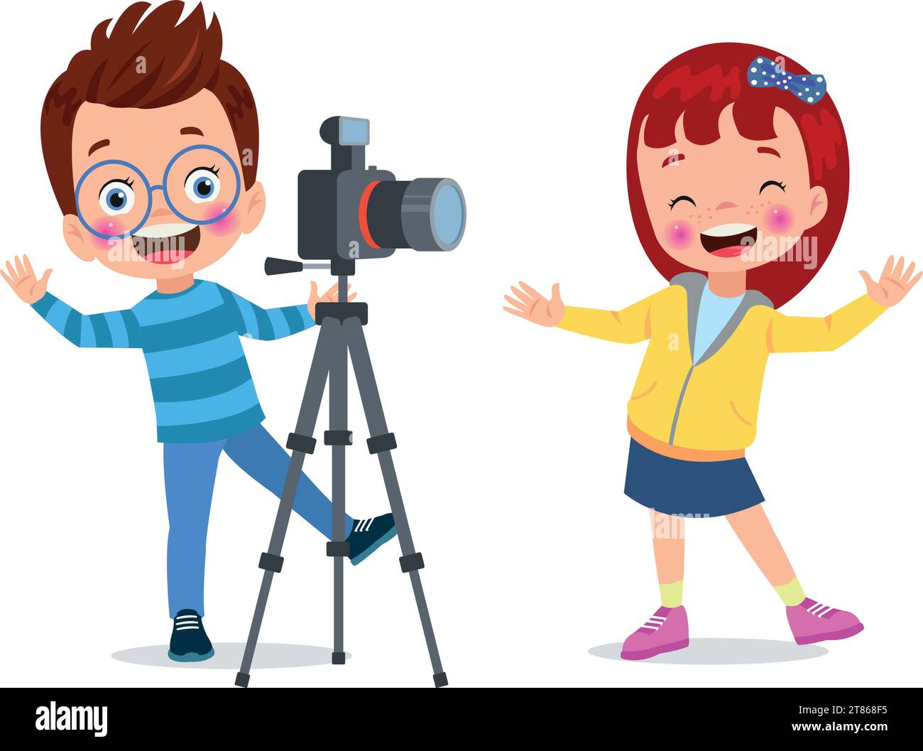 Cute boys taking photo using smartphone and camera cartoon vector ...
