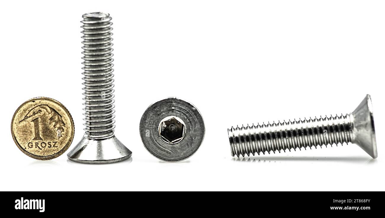 DIN 7991 bolt stainless steel close up white background Stock Photo - Alamy