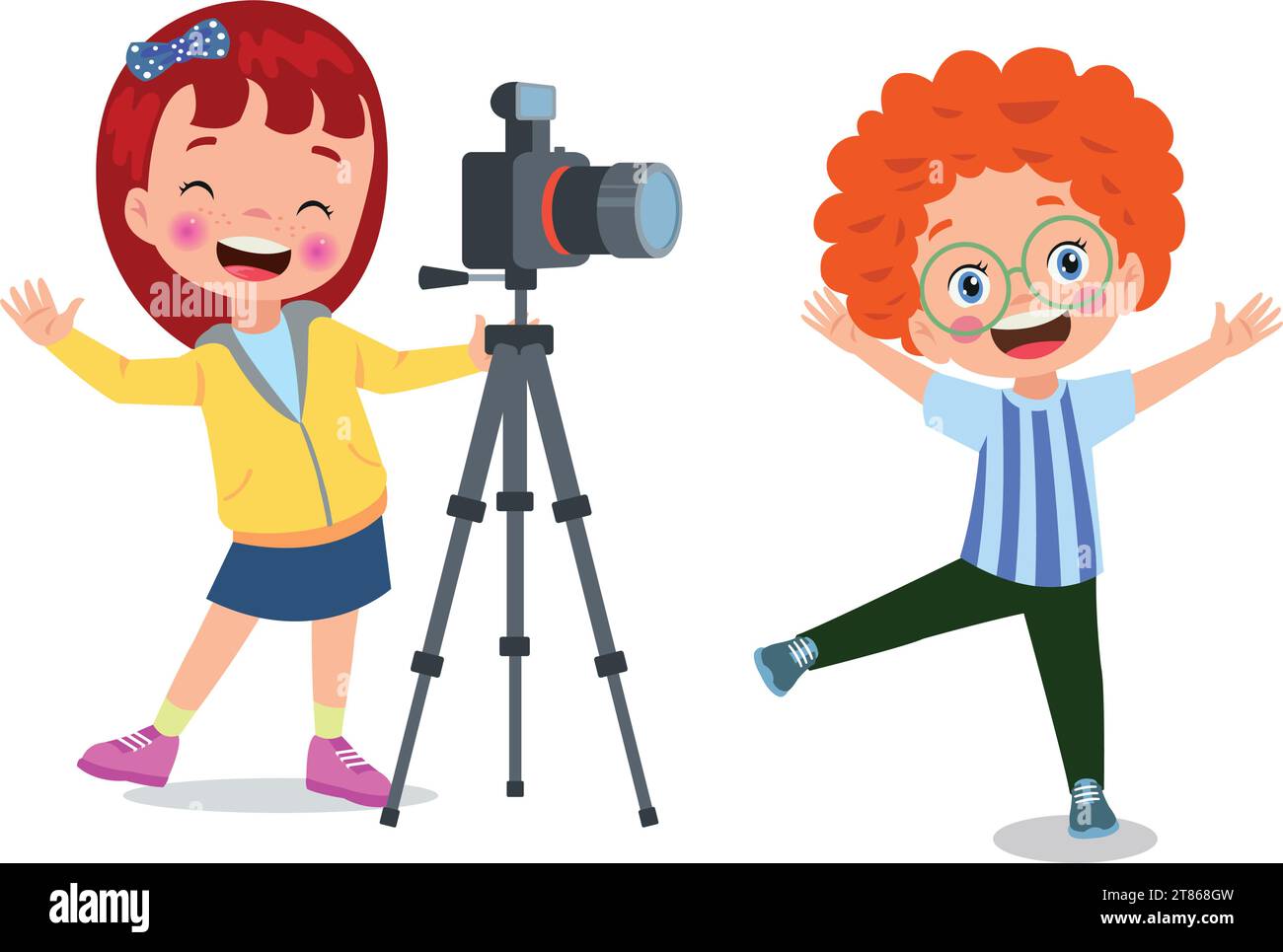 Cute boys taking photo using smartphone and camera cartoon vector ...