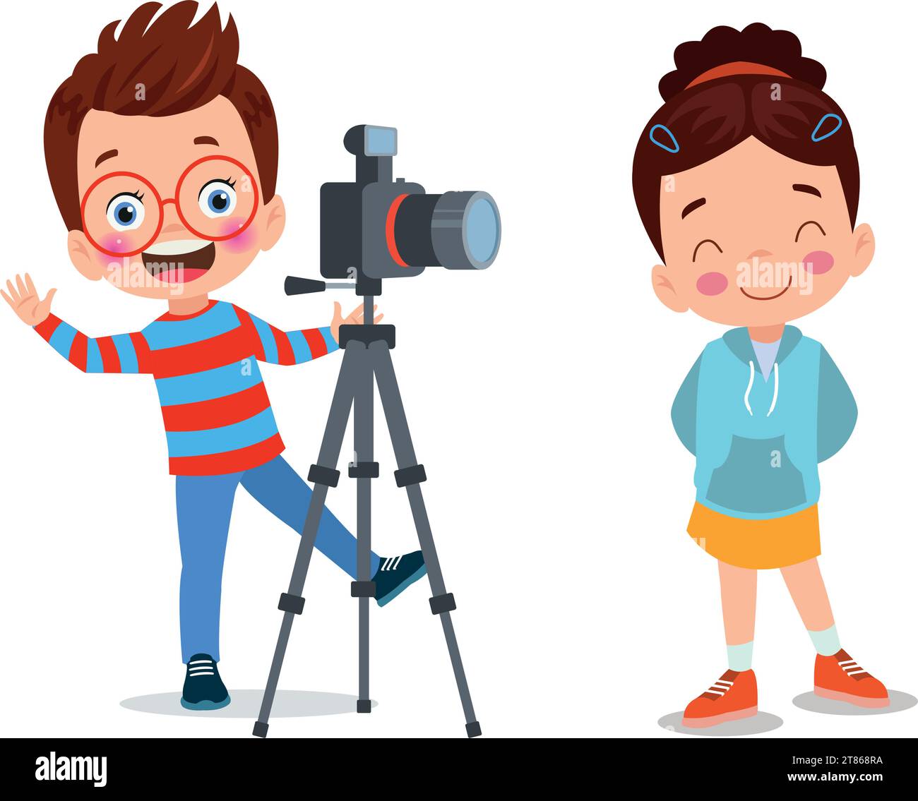 Cute boys taking photo using smartphone and camera cartoon vector ...