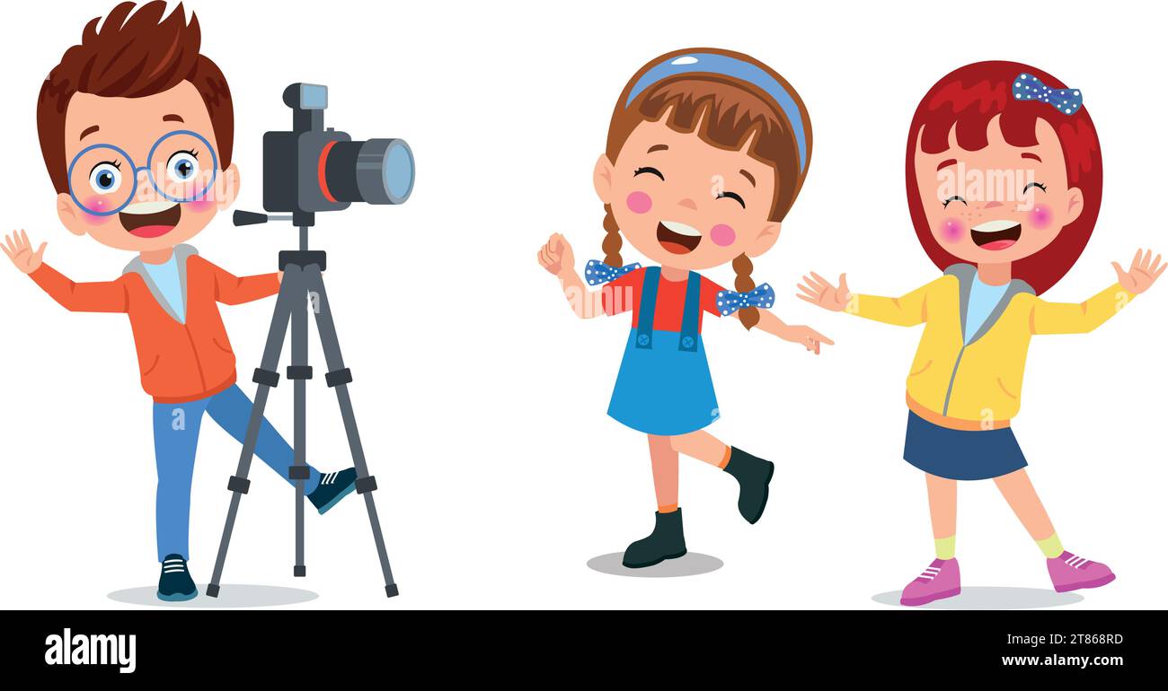 Cute boys taking photo using smartphone and camera cartoon vector ...