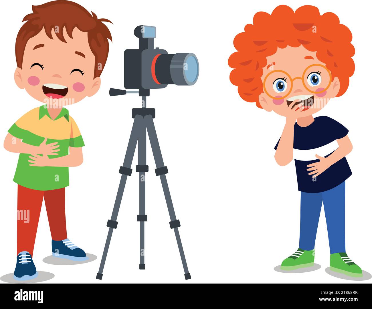 Cute boys taking photo using smartphone and camera cartoon vector ...