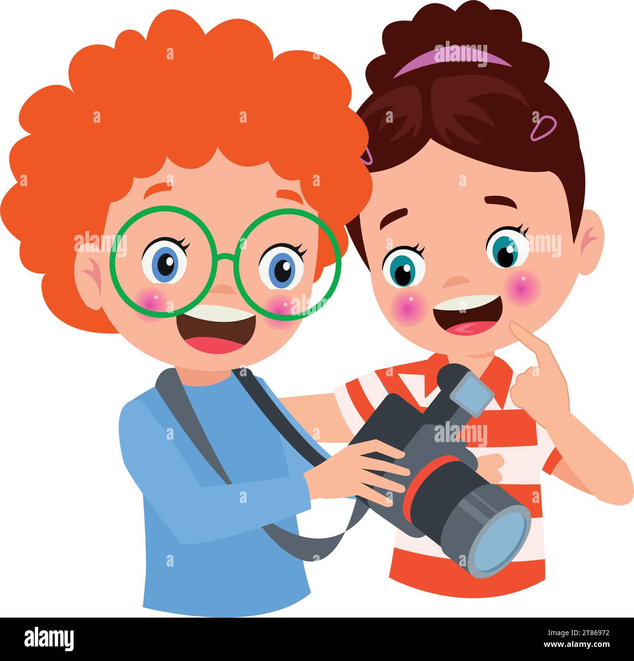 Cute boys taking photo using smartphone and camera cartoon vector ...