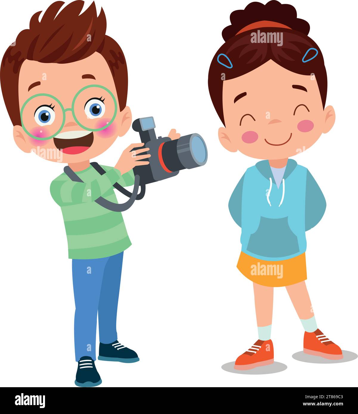 Cute boys taking photo using smartphone and camera cartoon vector ...