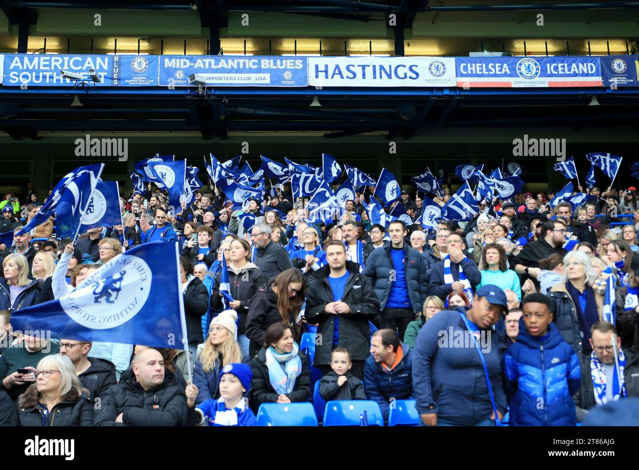 Kingston, UK. 18th Nov, 2023. Chelsea Women fans wave flags prior to ...