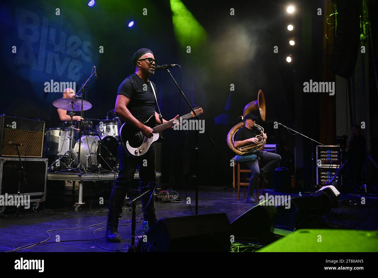 Sumperk, Czech Republic. 18th Nov, 2023. From left: drummer Baptiste Brondy, guitarist Pascal ...