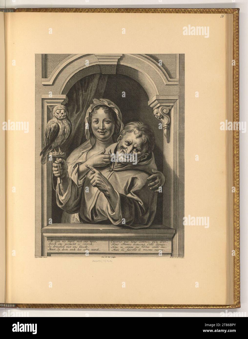 Pieter de Jode II (Engraver) Young woman and fool with owl. Copper ...